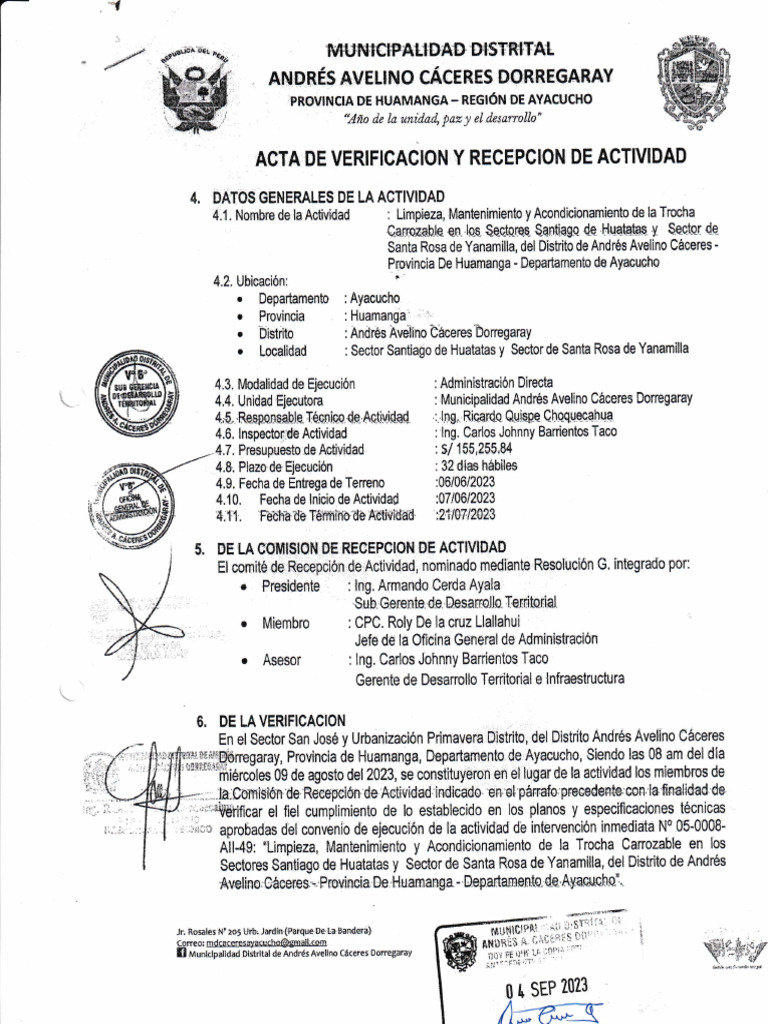 Acta de Recpecion Conv 008 | PDF