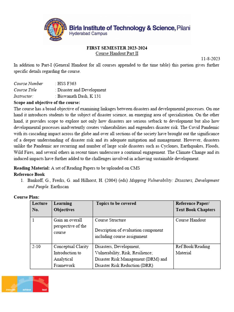 HSS F363 Disaster and Development | PDF | Disaster Risk Reduction | Risk