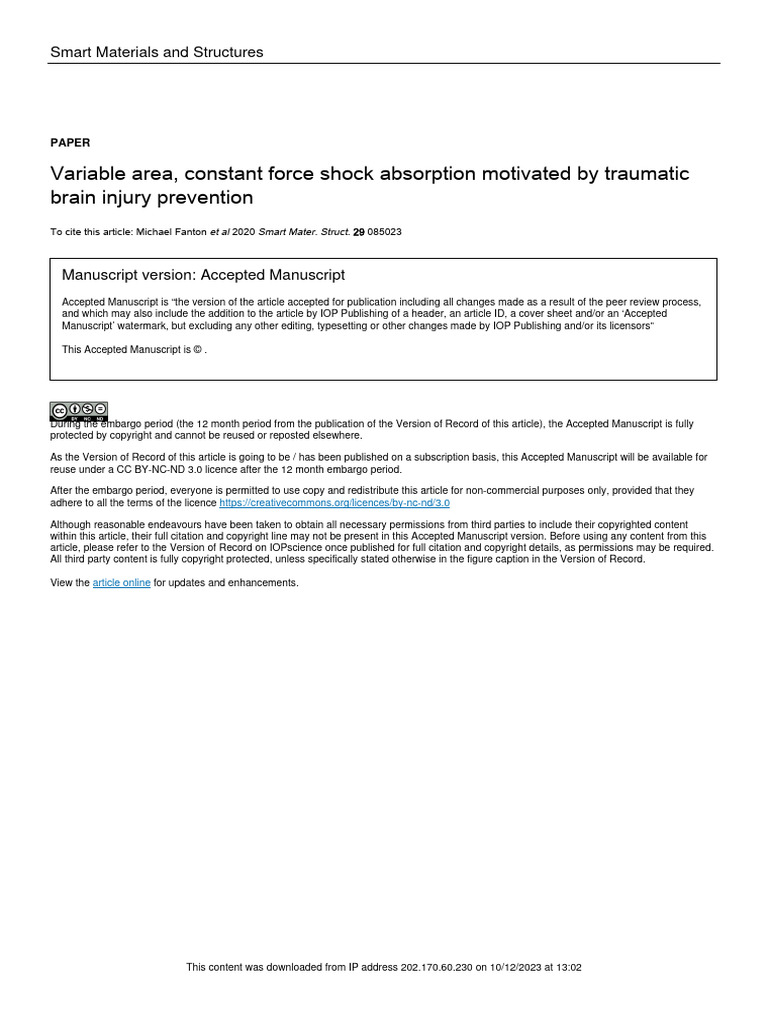 Variable Area, Constant Force Shock Absorption Motivated by Traumatic ...