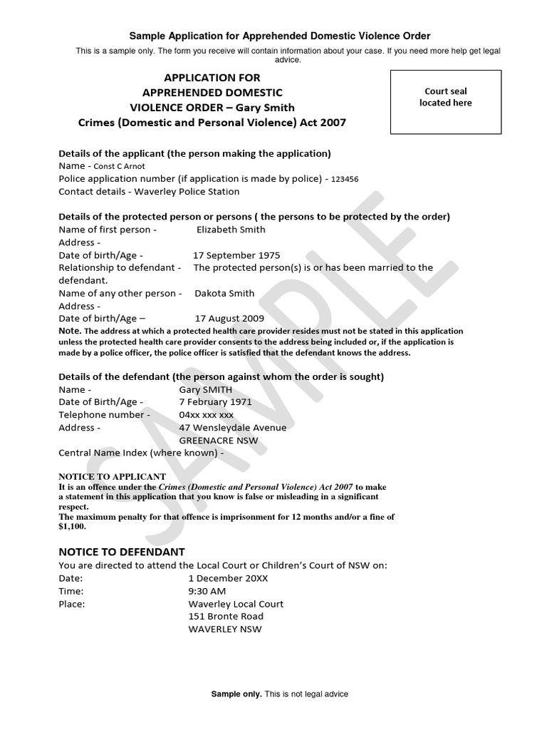 NSW Sample Protection Order Application | PDF