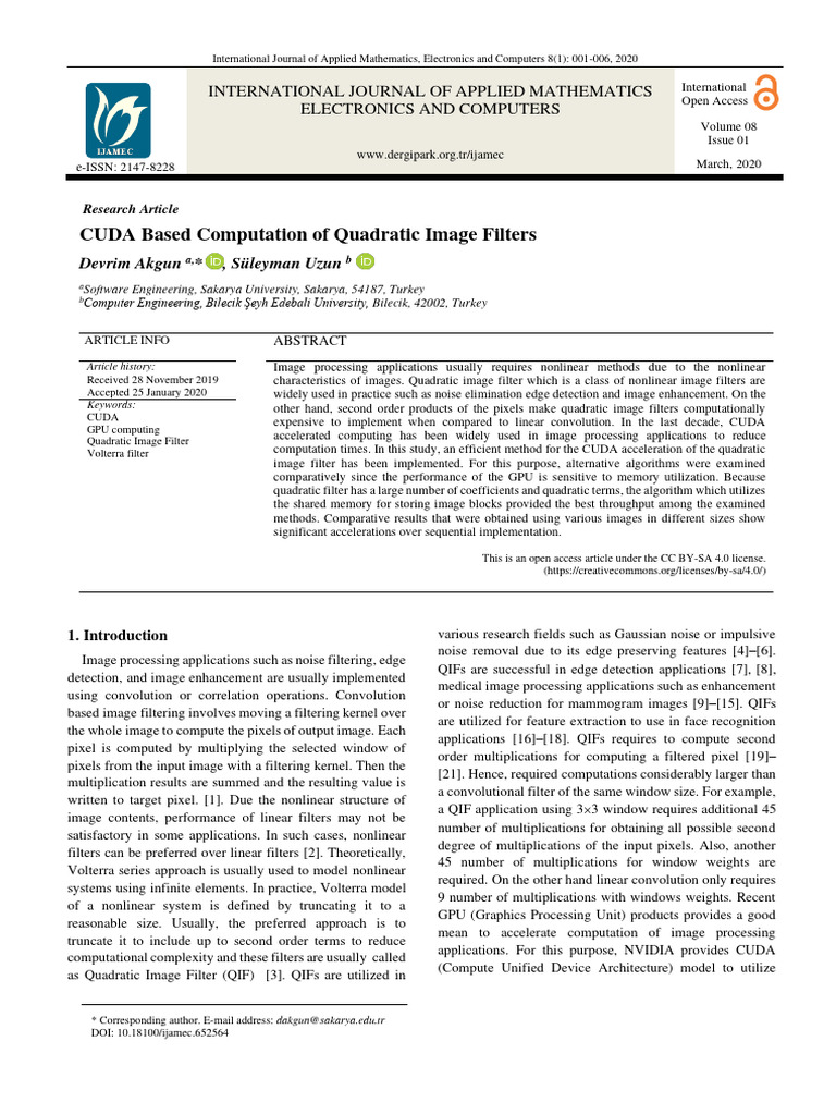 CUDA Based Computation of Quadratic Image Filters | PDF