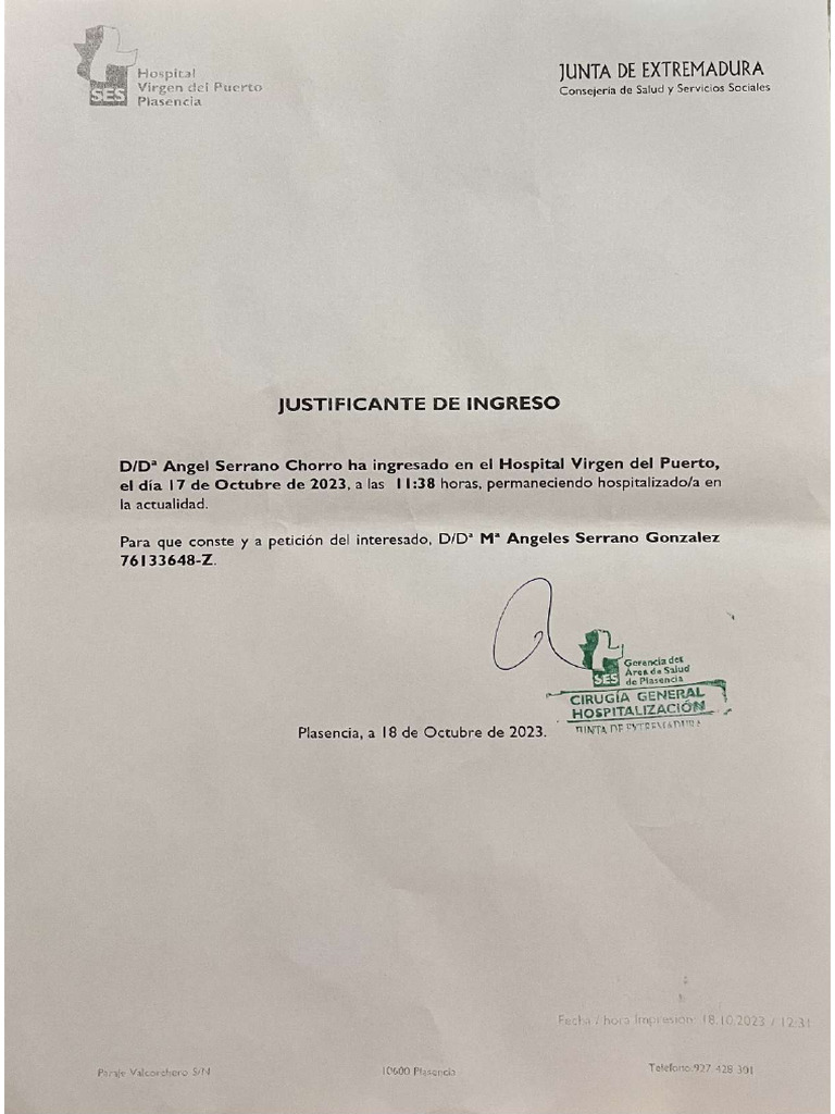 Justificante Hospitalización | PDF