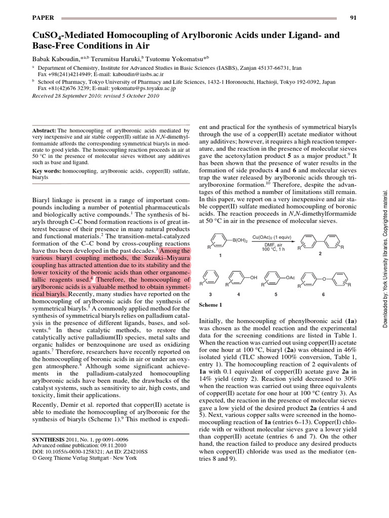 Kaboudin CuSO4-Mediated Homocoupling of Arylboronic Acids Under Ligand ...