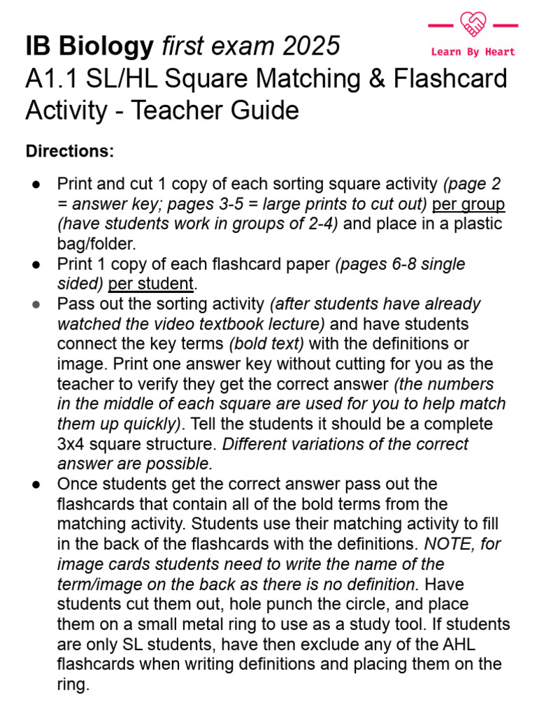 Learn by Heart IB Biology A1.1 SL HL 2 Activity Bundle Matching ...