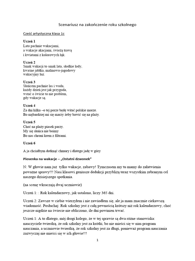 Scenariusz Na Zakończenie Roku Szkolnego | PDF
