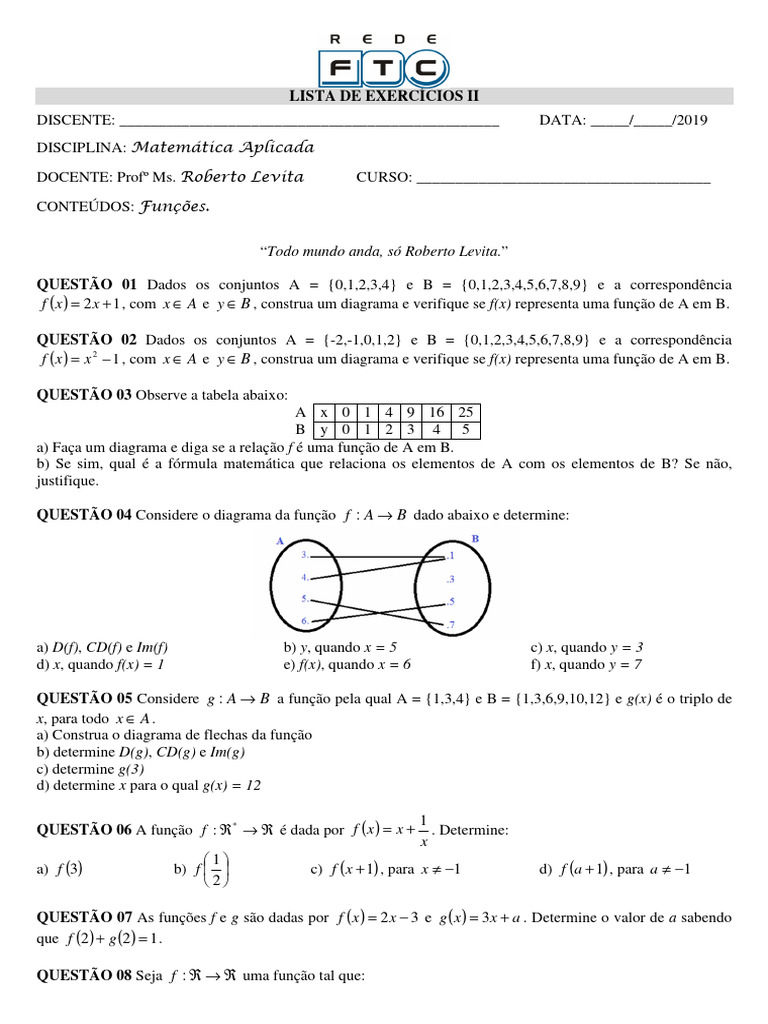 Exercícios de Funções em Matemática Aplicada | PDF | Função (Matemática ...