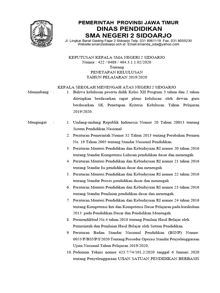 SK KELULUSAN SMAN 2 SDA TAHUN PELAJARAN 2019 2020 TTD Bapak 1 | PDF