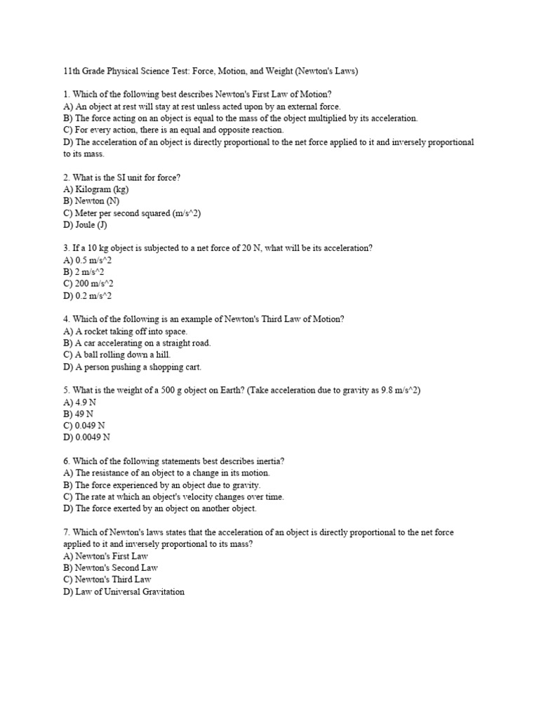 11th Grade Physical Science Test Newton's Laws | PDF | Force | Mass