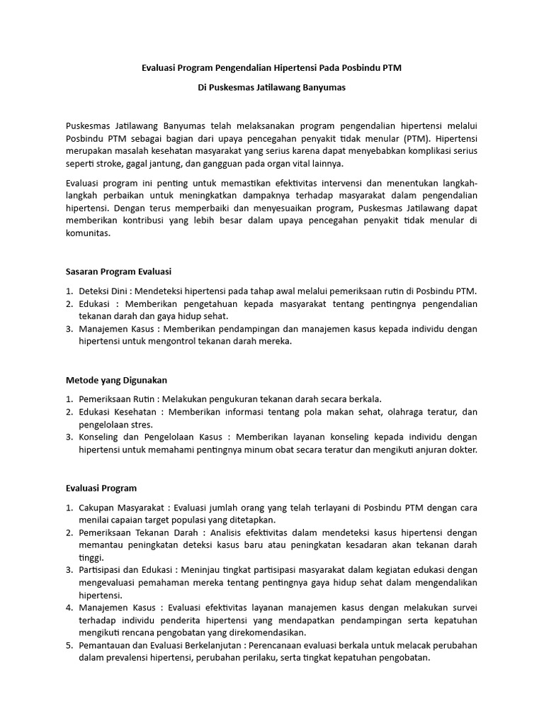 Evaluasi Program Pengendalian Hipertensi Pada Posbindu PTM Puskesmas Jatilawang | PDF