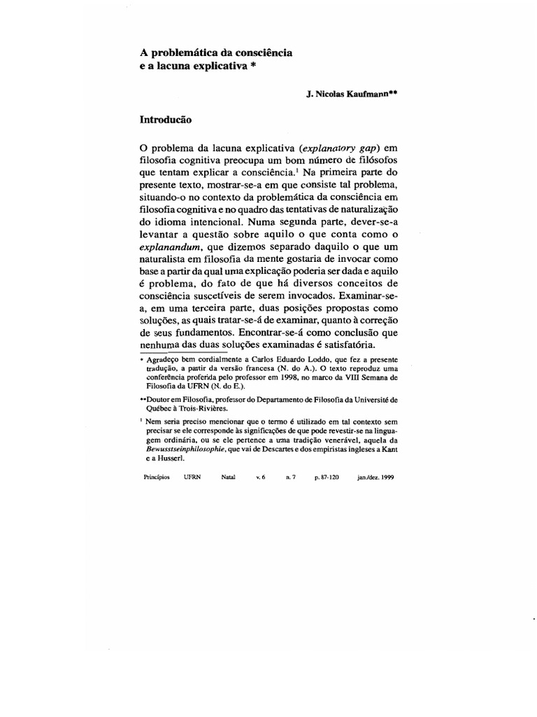 A Problemática Da Consciência e A Lacuna Explicativa | PDF