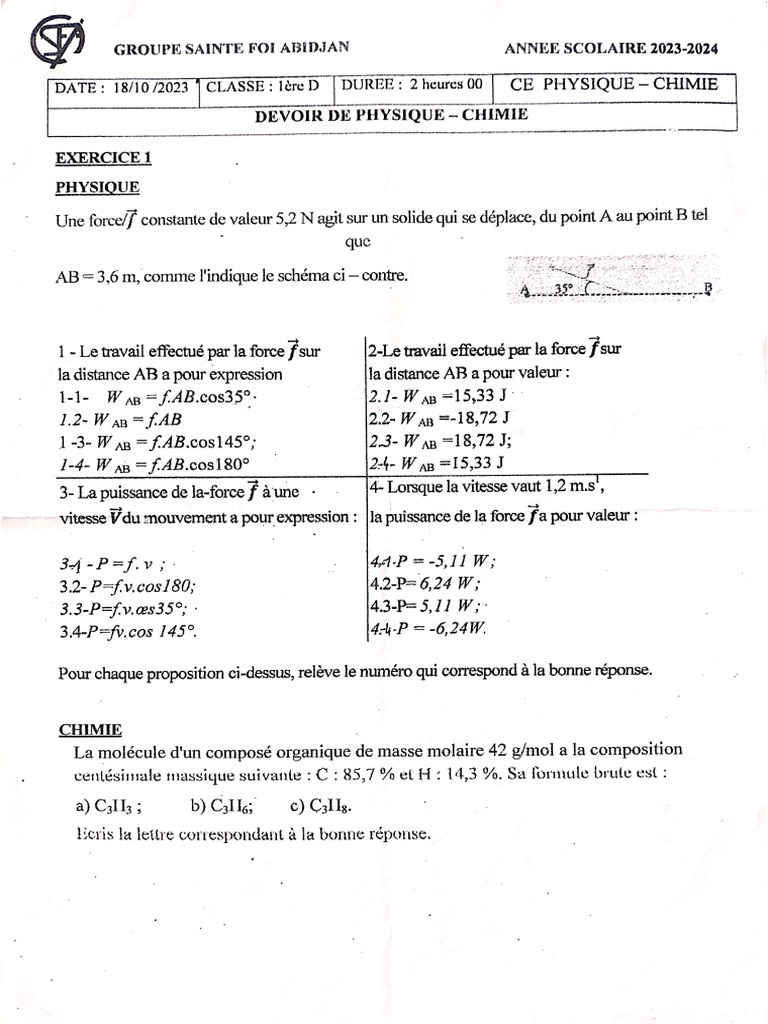 Devoir de PC 1ière D Sainte Foi Abobo by Tehua | PDF