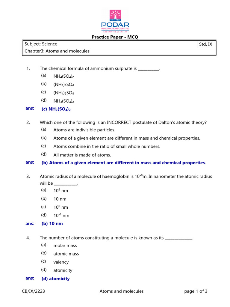 As CB IX Sci CH 3 Atoms and Molecules MCQ | PDF