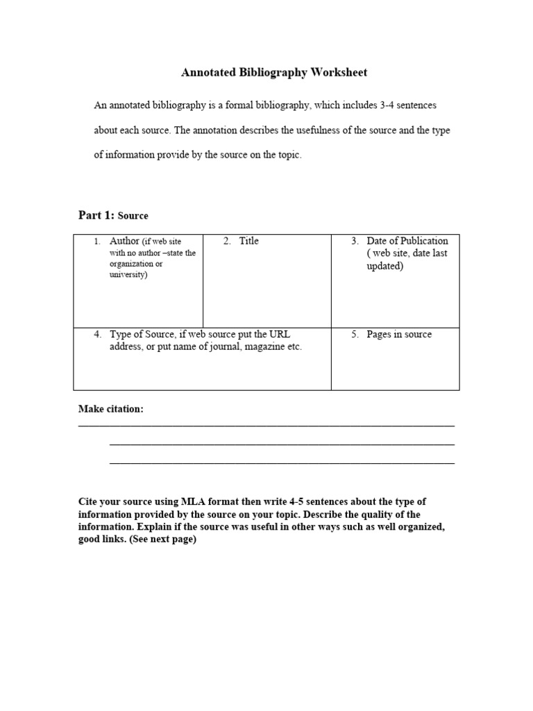 Annotated Bibliography Worksheet - 1 | PDF | Citation | Bibliography