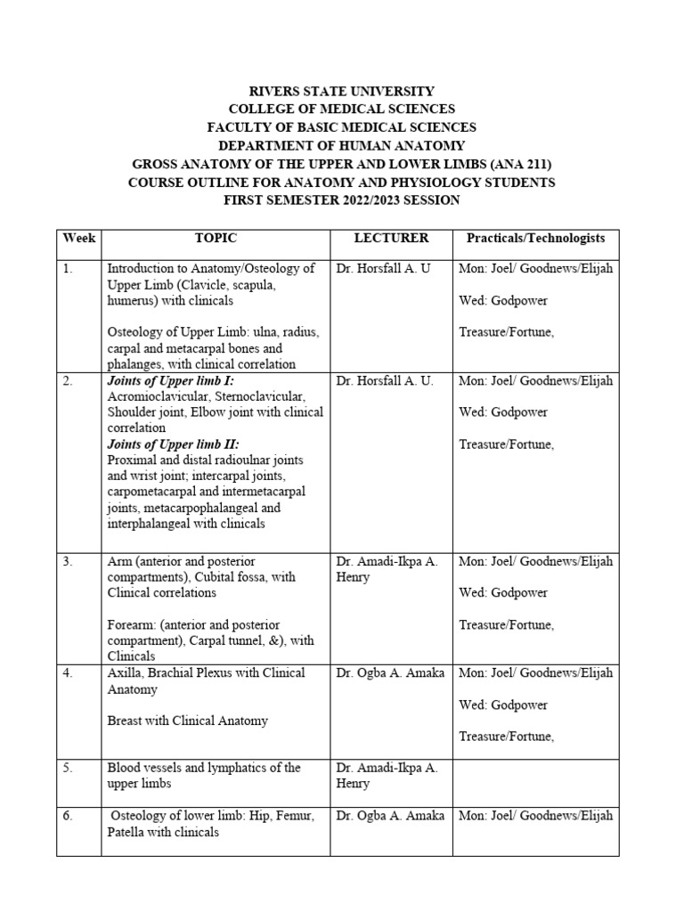 Upper and Lower Course Outline 2022-2023 | PDF | Human Leg | Anatomy