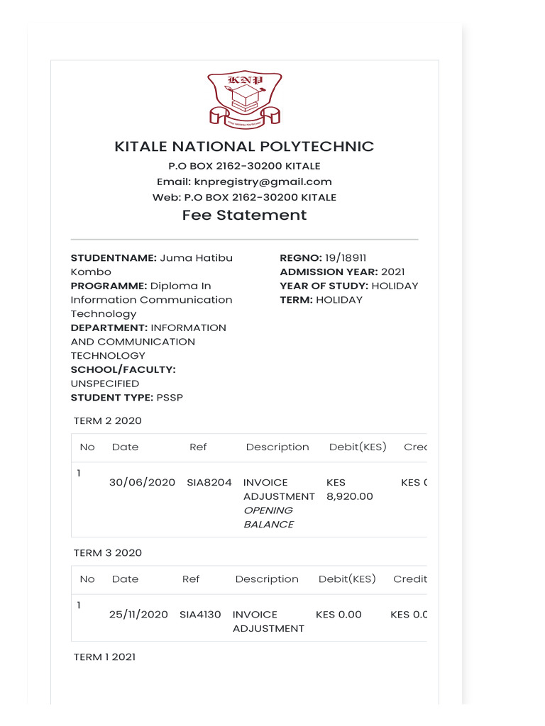 Kitale National Polytechnic Fee Statement | PDF