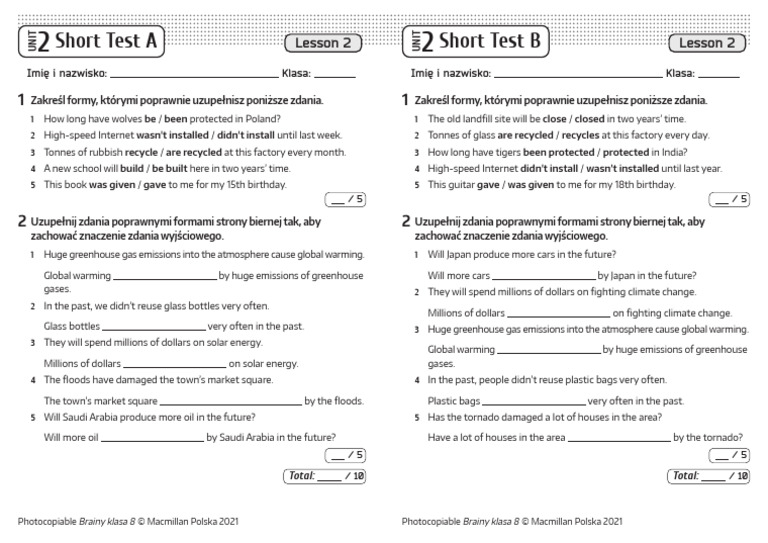 Brainy kl8 Short Tests Unit 2 Lesson 2 | PDF | Climate Change | Recycling
