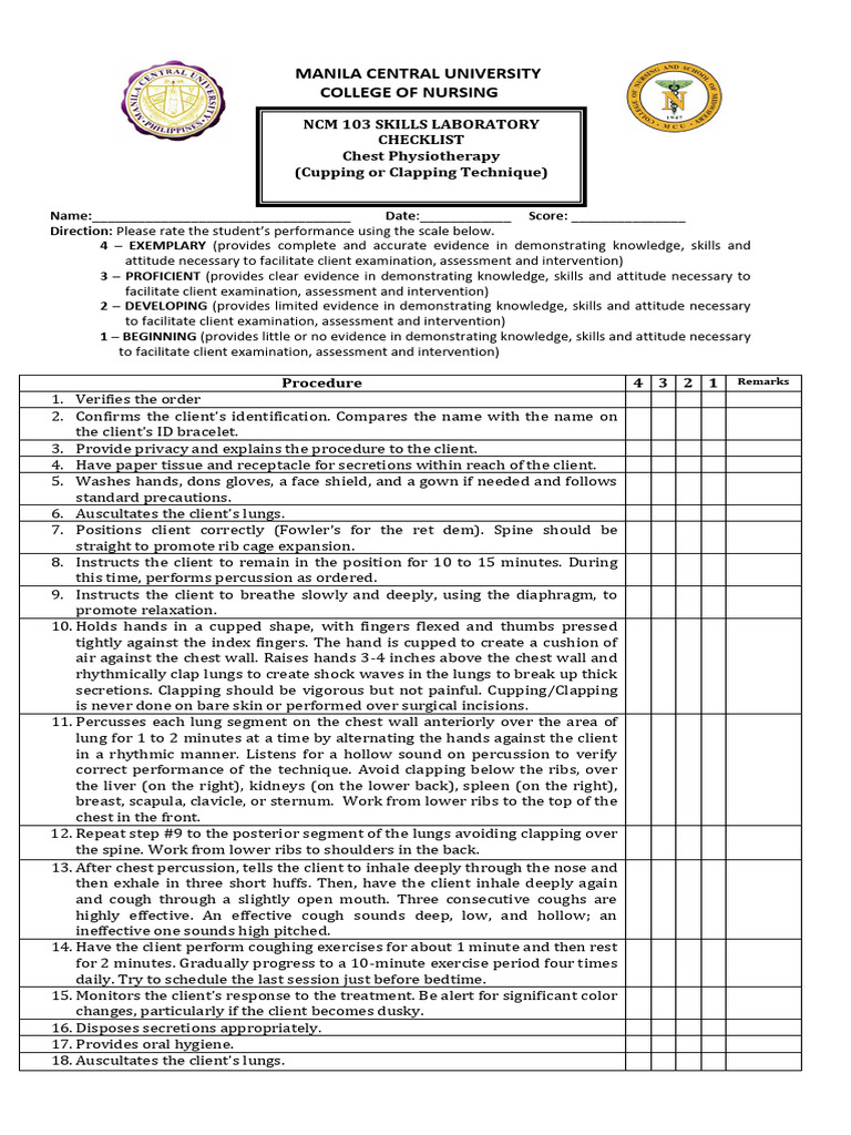 NCM 107 Chest Physiotherapy Checklist 2020 | PDF | Thorax | Clinical ...