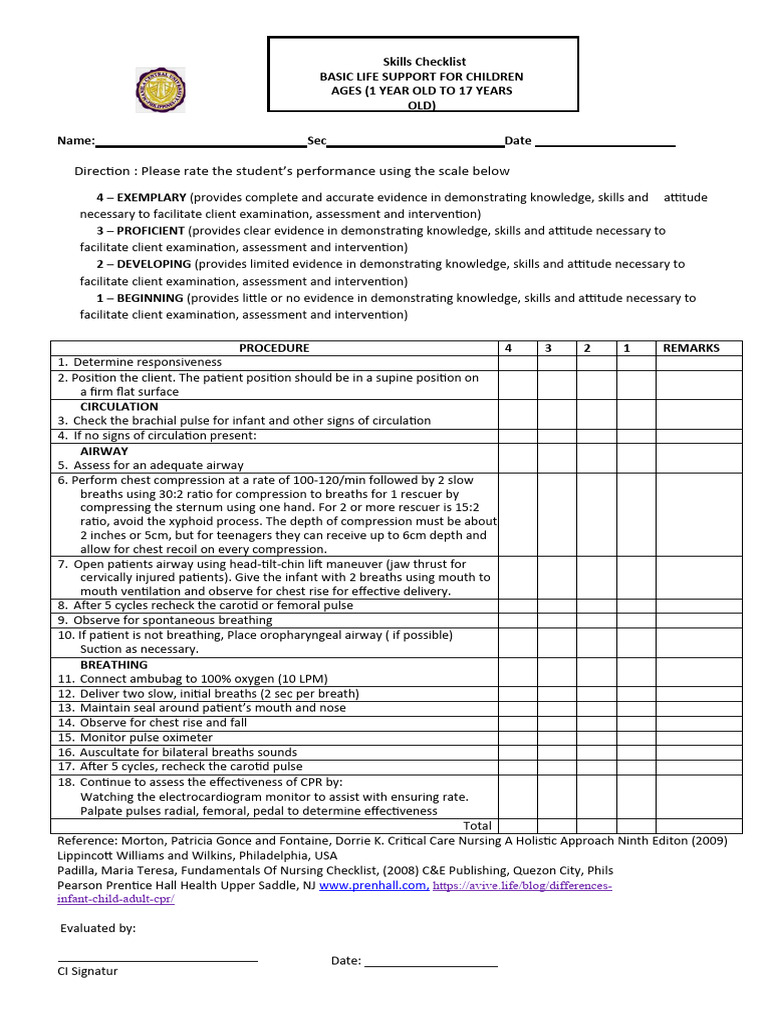 SKILLS-PEDIATRIC-CHECKLIST-CHILDREN-BLS | PDF | Medical Emergencies ...