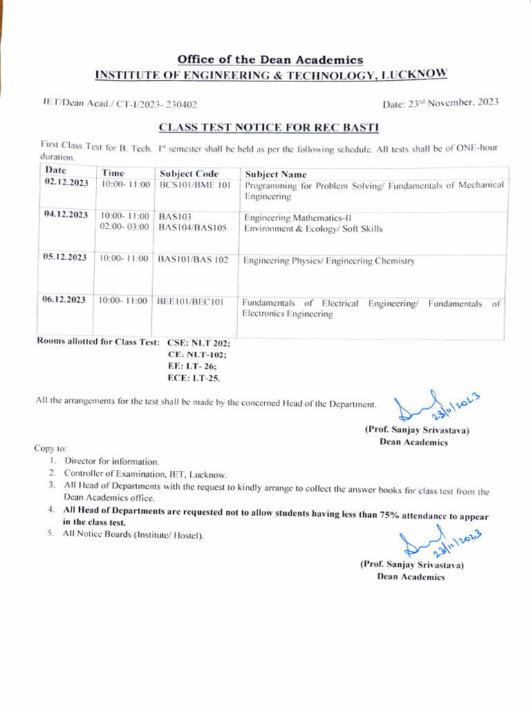 B. Tech Class Test Schedule December 2023 | PDF | Engineering | Science