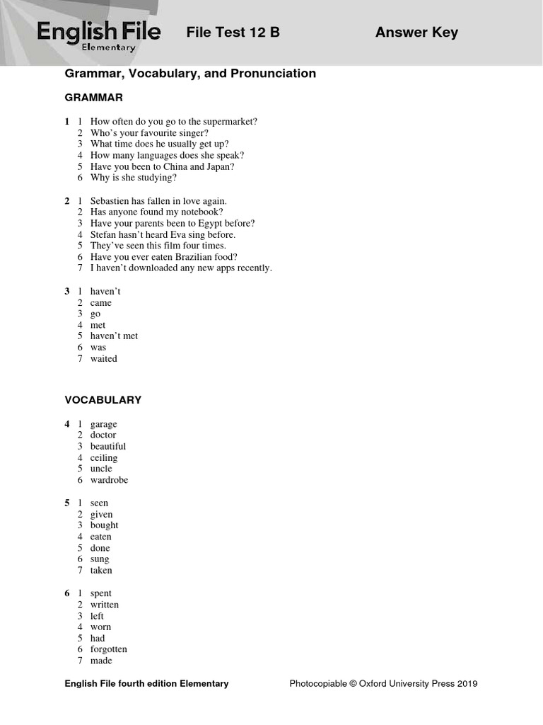 EF4e Elem Filetest 12b Answer Key | PDF | English Language | Linguistics