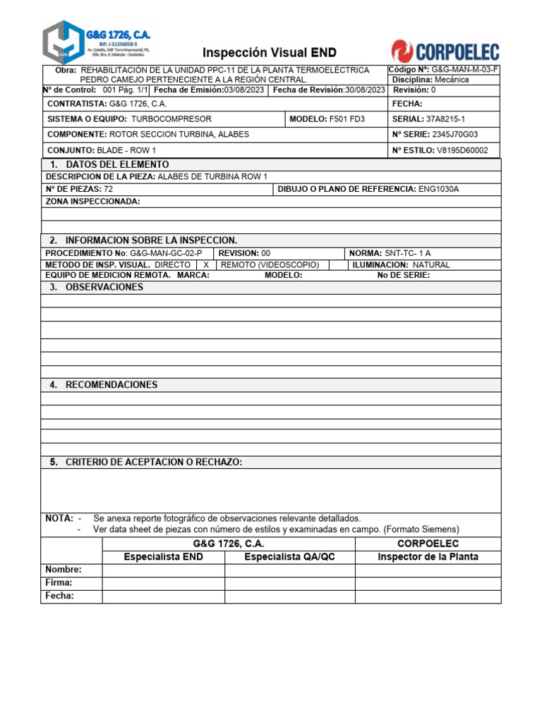Formato Inspeccion Visual End G&G | PDF