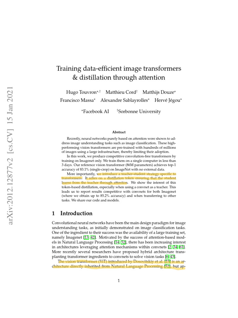 Training Data-Efficient Image Transformers & Distillation Through Attention PDF | PDF
