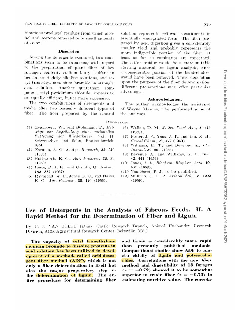 Van Soest 1963. Rapid Method For Determination Fiber and Lignin | PDF