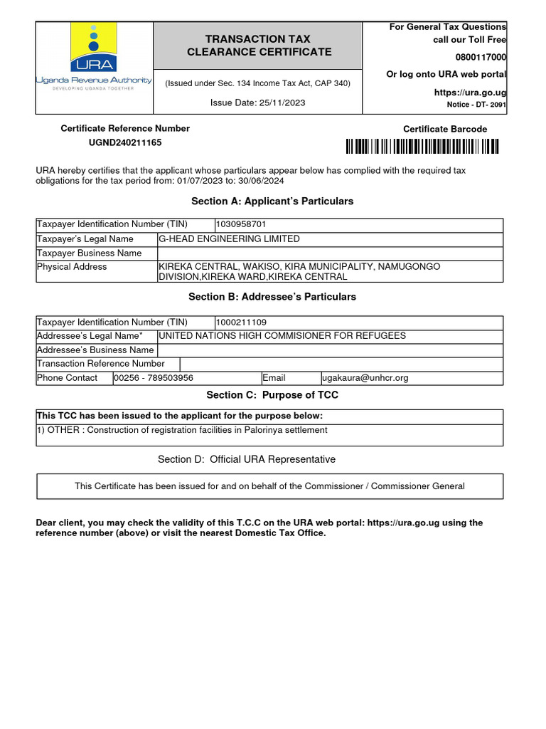 Tax Clearance Certificate for G-Head Engineering | PDF | Finance ...