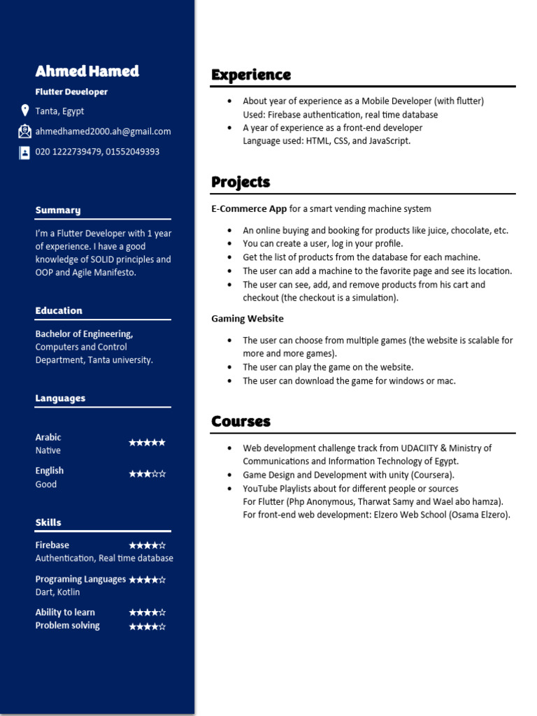 Flutter Developer Resume - Ahmed Hamed | PDF