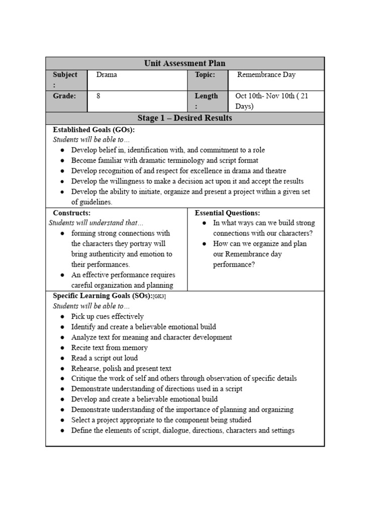 Drama 8 Remembrance Day Performance Unit | PDF