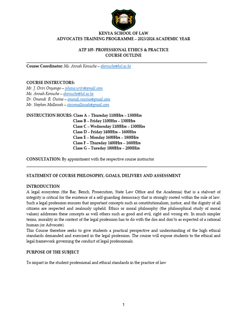 ATP 105 Professional Ethics & Practice Course Outline 2023-2024 | PDF