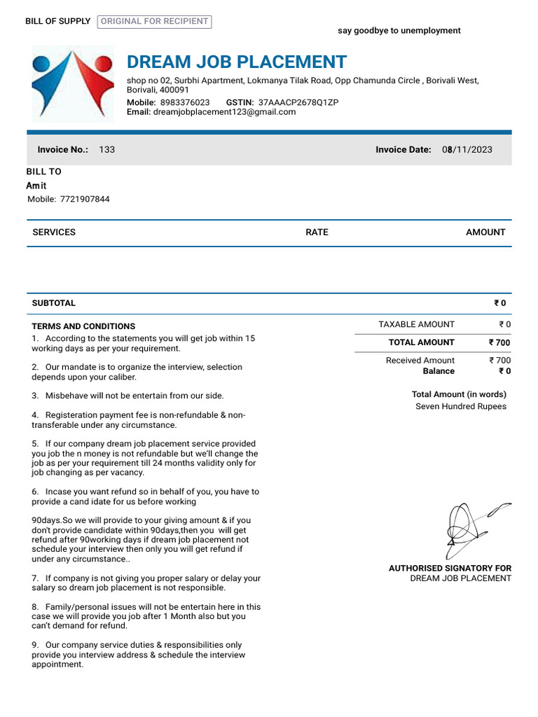 Dream Job Placement Receipt | PDF | Service Industries | Money