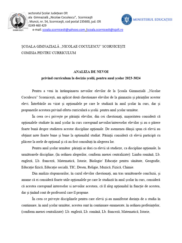 15 Analiza de Nevoi Pentru Fundamentarea Planului de Scolarizare ...