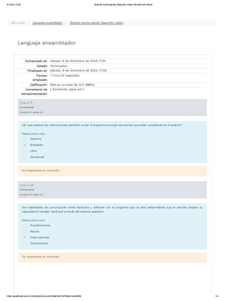 Examen quinto parcial (Segunda vuelta)_ Revisión del intento.pdfLE | PDF | Lenguaje ensamblador ...