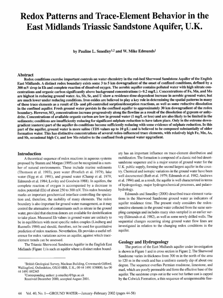 Redox Patterns and Trace Element Behavior Triasic Sandstone UK (Smedley ...