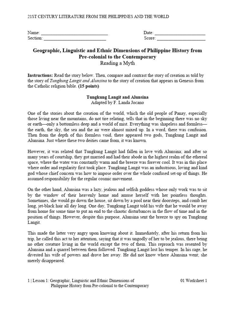 01 Worksheet 1 | PDF | Genesis Creation Narrative | Creation Myths