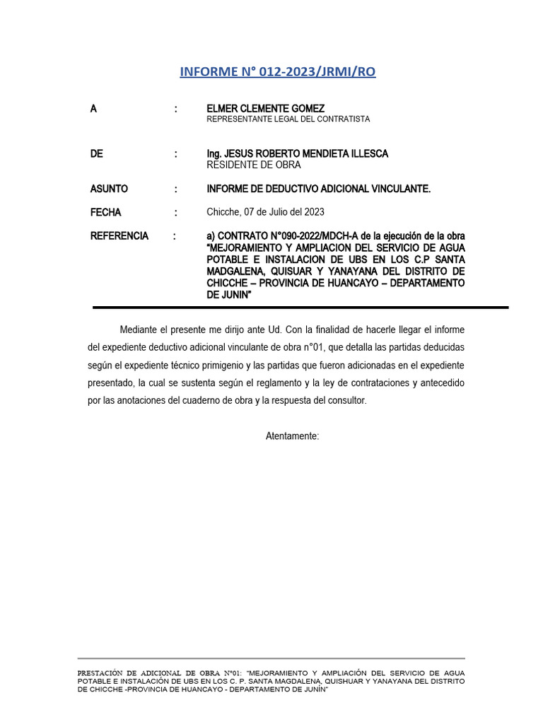 Informe Sustento Del Deductivo Adicional N°01 | PDF | Tubería (transporte de fluidos) | Agua