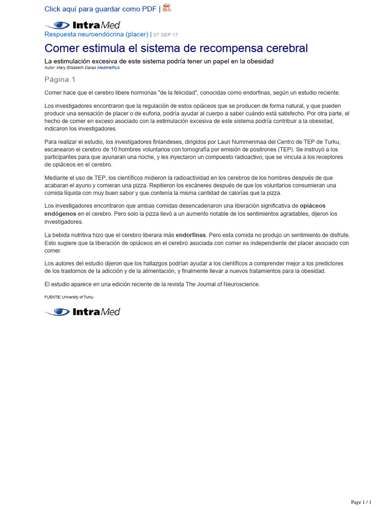 Comer Estimula El Sistema de Recompensa Cerebral | PDF