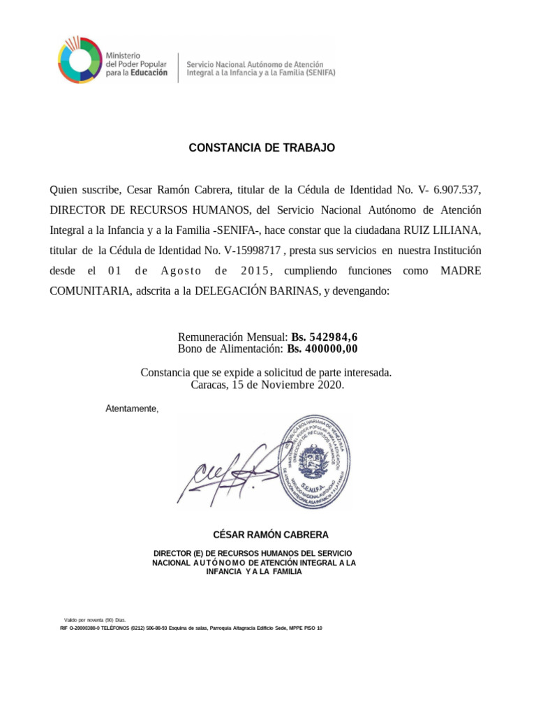 Constancias de Trabajo SENIFA | PDF | Gobierno y personalidad | Documento