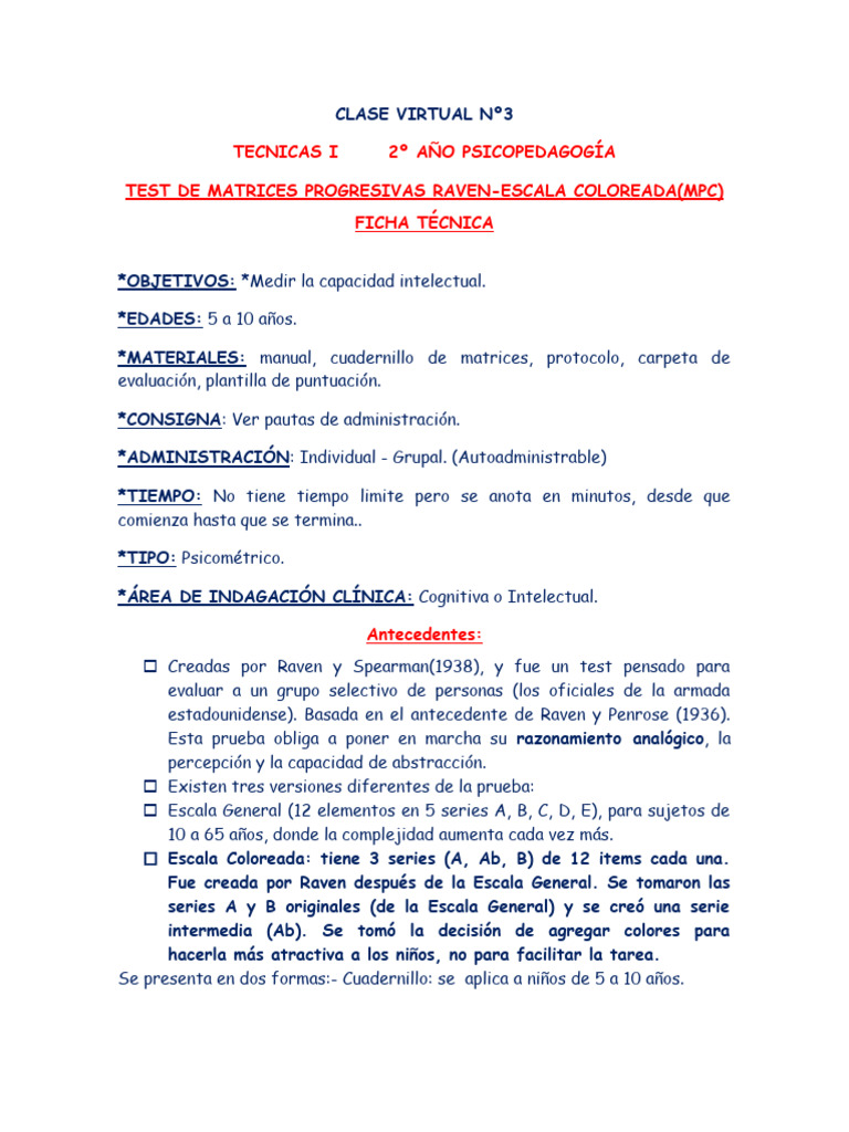 Ficha Técnica del Test Raven Escala Coloreada | PDF | Inteligencia ...