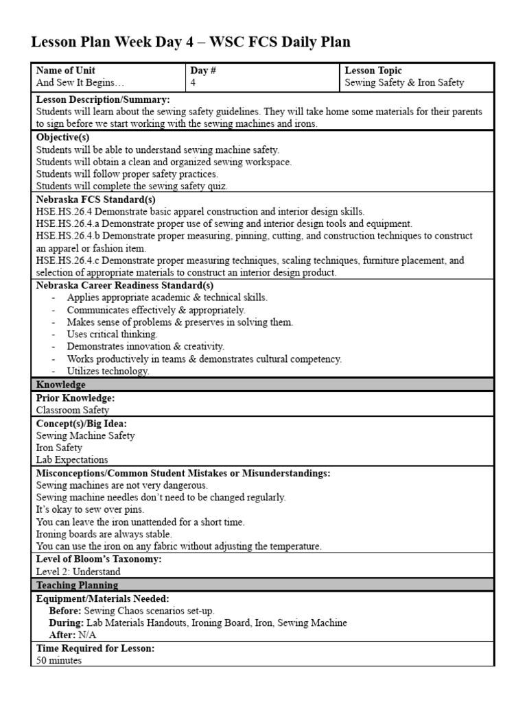 Day 4 Lesson Plan Britney Kreikemeier | PDF | Sewing | Clothing