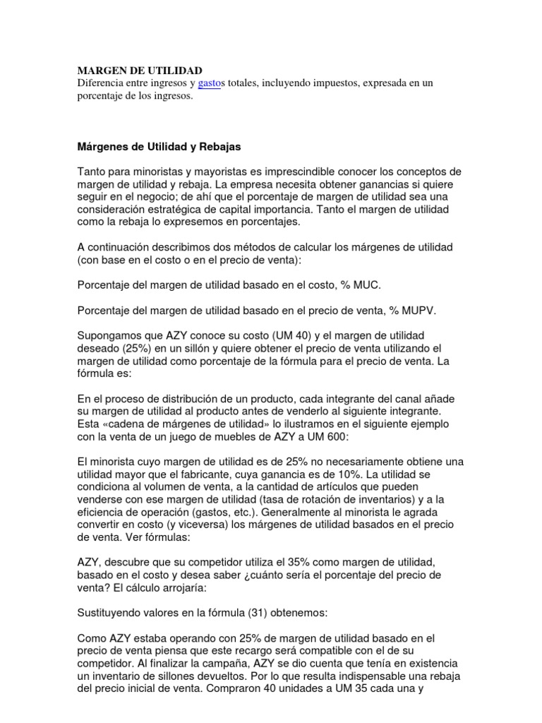 Fórmulas y Conceptos de Margen de Utilidad | PDF | Porcentaje ...