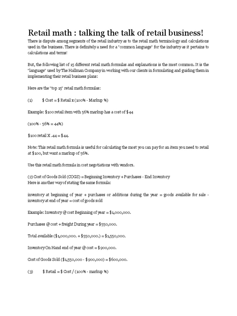 Retail Math: Talking The Talk of Retail Business! | PDF | Gross Margin ...