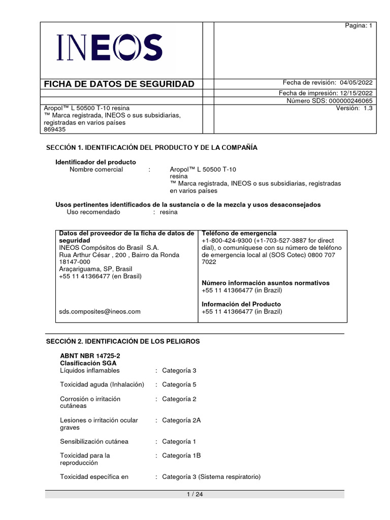 Resina AROPOL 50500 (Ex 4.6) Ineos | PDF | Sustancias químicas ...