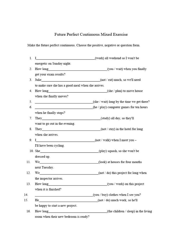 Future Perfect Continuous Mixed Exercise | PDF