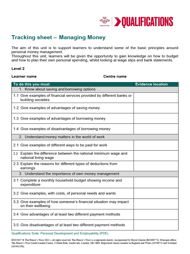 Managing Money Level 2 Tracking Sheet (2) | PDF