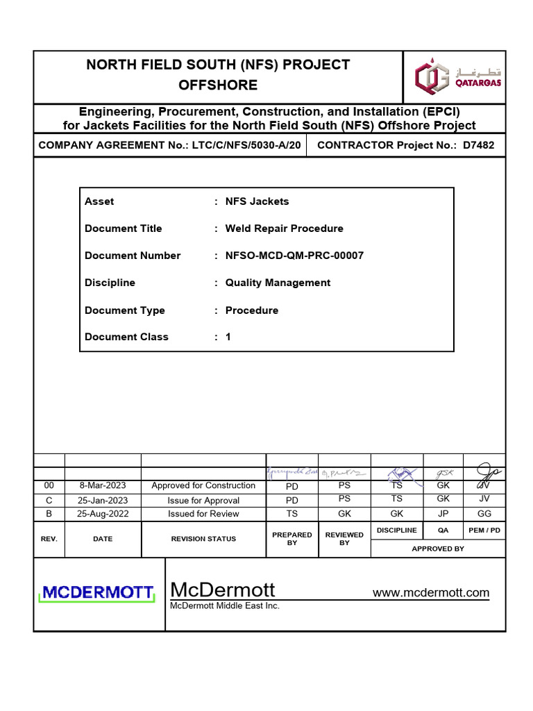 NFSO-MCD-QM-PRC-00007 - 00 - Weld Repair Procedure | PDF | Construction | Welding