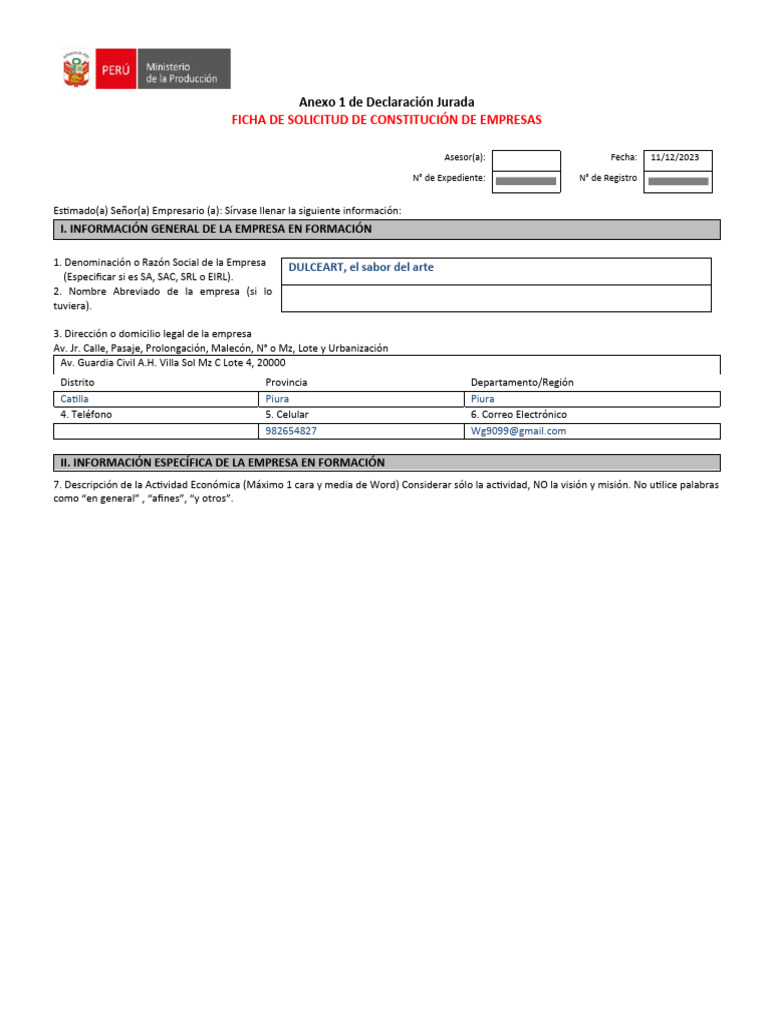 Solicitud de Formalizacion de Empresa | PDF