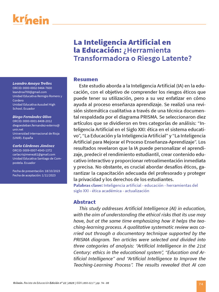 4 La Inteligencia Artificial en La Educación Herramienta Transformadora o Riesgo Latente | PDF ...
