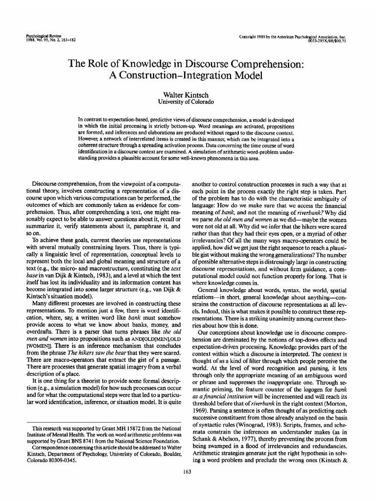 Kintsch-1988-The Role of Knowledge in Discourse Comprehension | PDF | Parsing | Knowledge